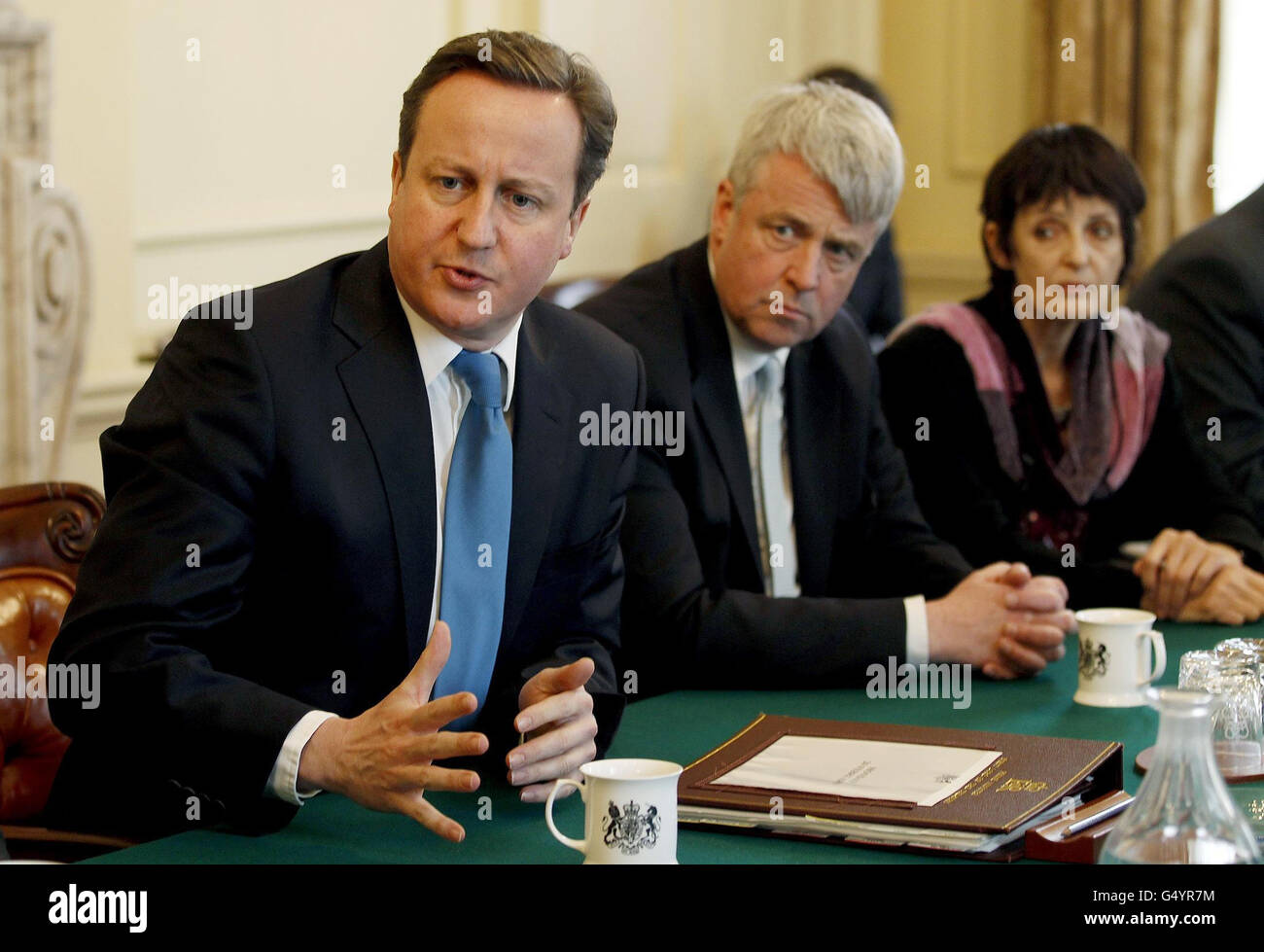 Prime Minister David Cameron speaks, as Health Secretary Andrew Lansley ...
