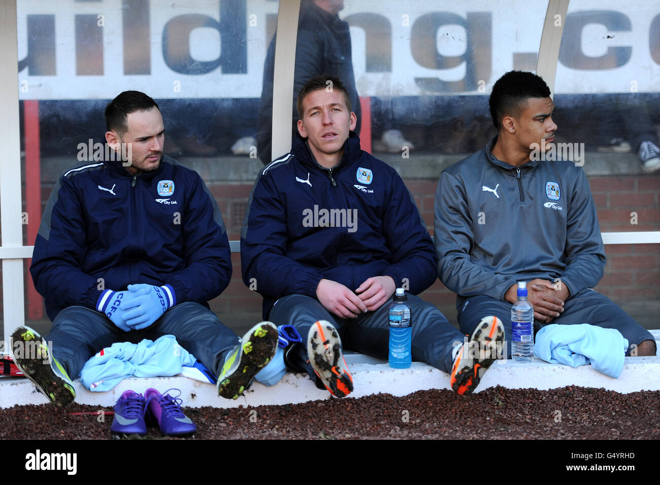 Coventry City's David Bell (left), Freddy Eastwood and Jordan Willis ...