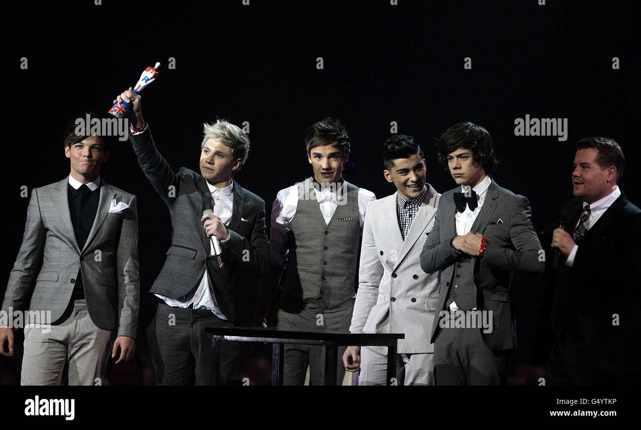 One Direction collect the British Single award on stage during the 2012 ...