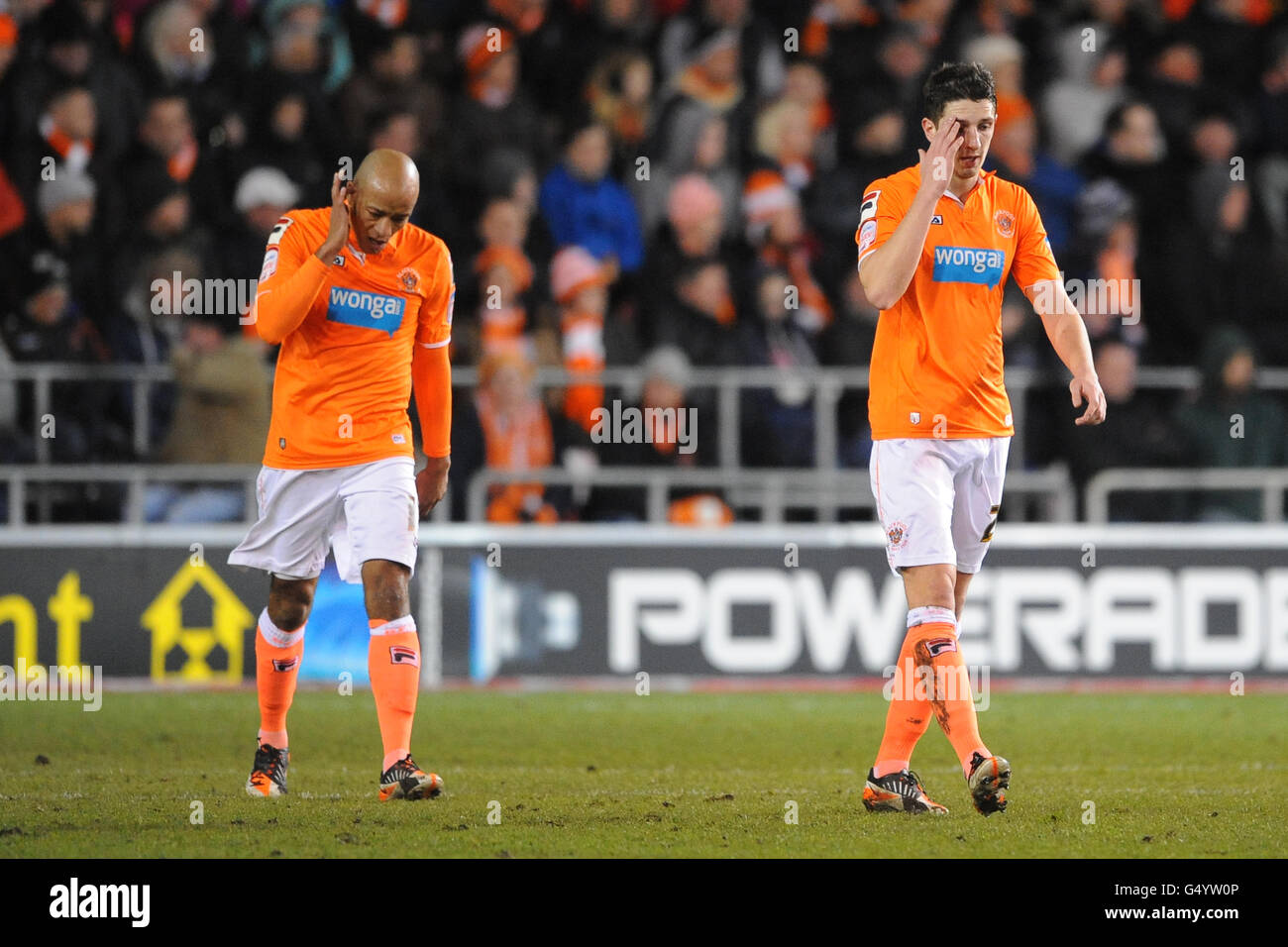 Blackpool's Alex Baptiste and Craig Cathcart stand dejected Stock Photo ...