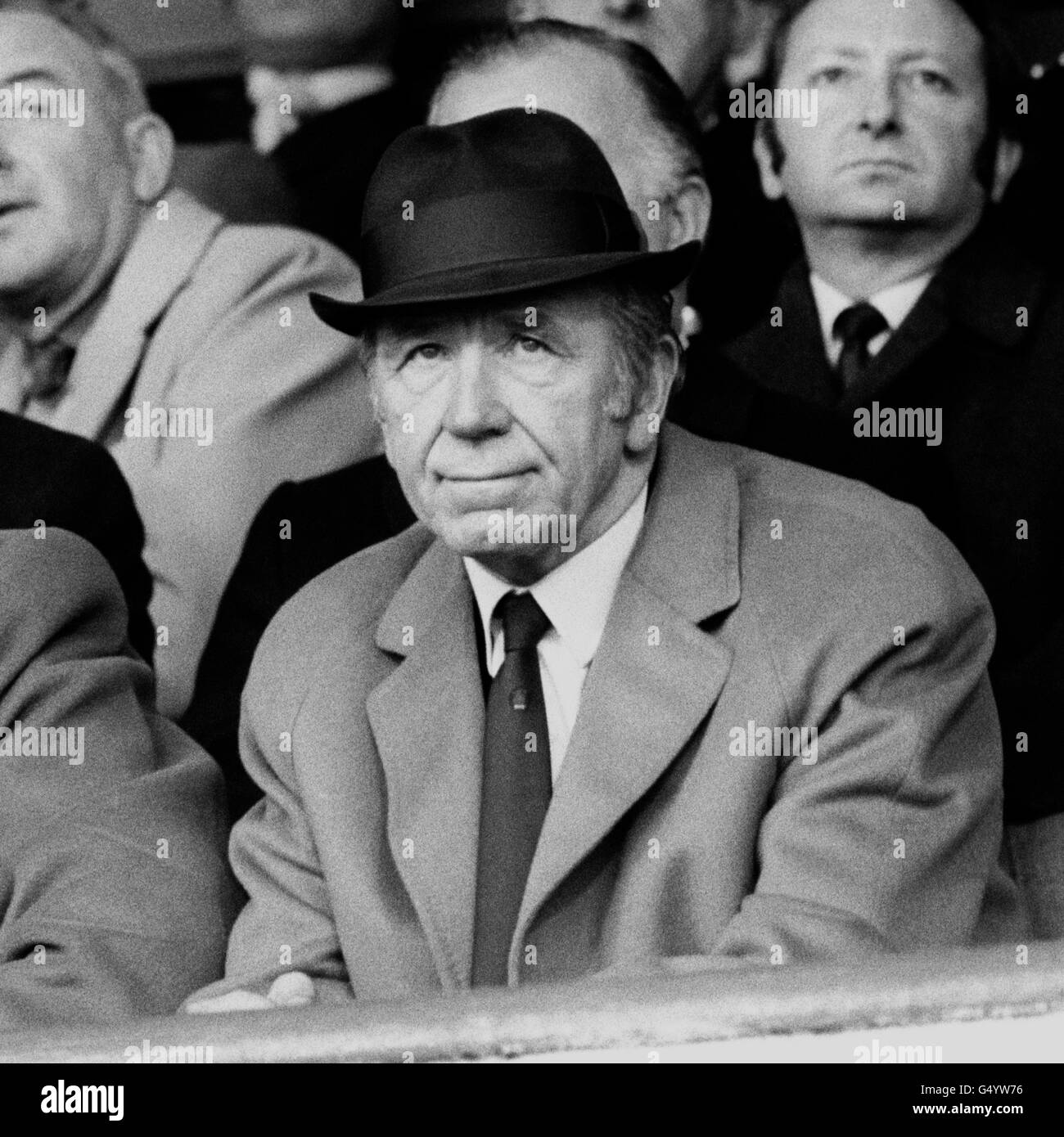 Sir Matt Busby, manager of Manchester United, keenly watches the ...
