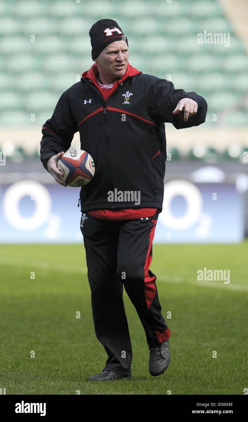 Welsh kicking coach Neil Jenkins during the Captains Run at Twickenham ...