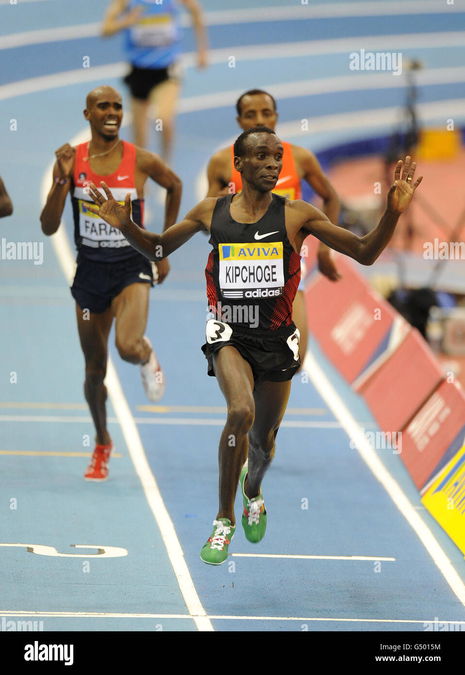 Kenya's Eliud Kipchoge celebrates winning the Two Mile final from Great ...