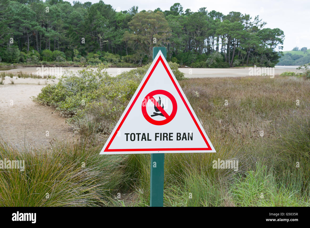 New Zealand, Waikato, Opoutere, Fire Prohibition Sign Stock Photo - Alamy