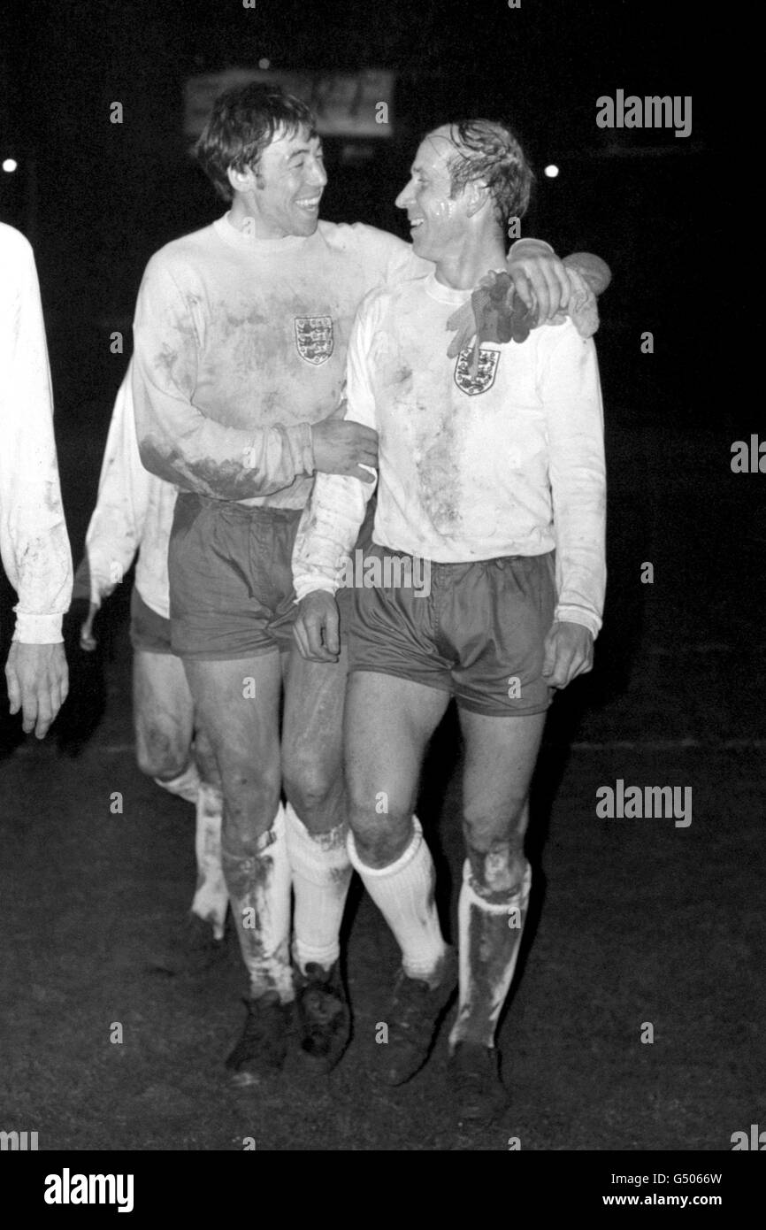 England goalkeeper banks walks off the pitch with bobby charlton hi-res ...