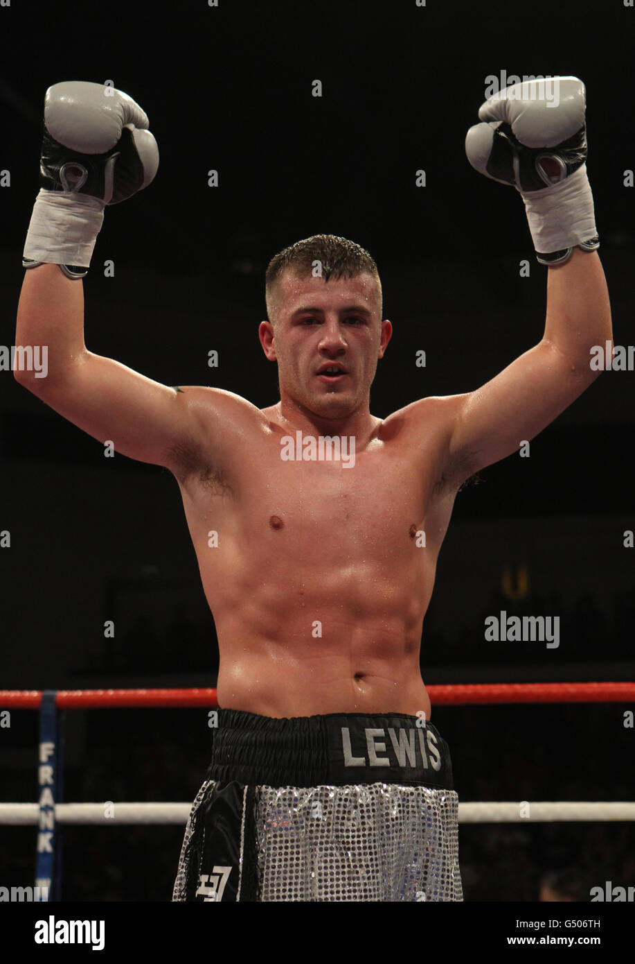 Lewis Rees celebrates his win over Tony Pace at the Motorpoint Arena ...