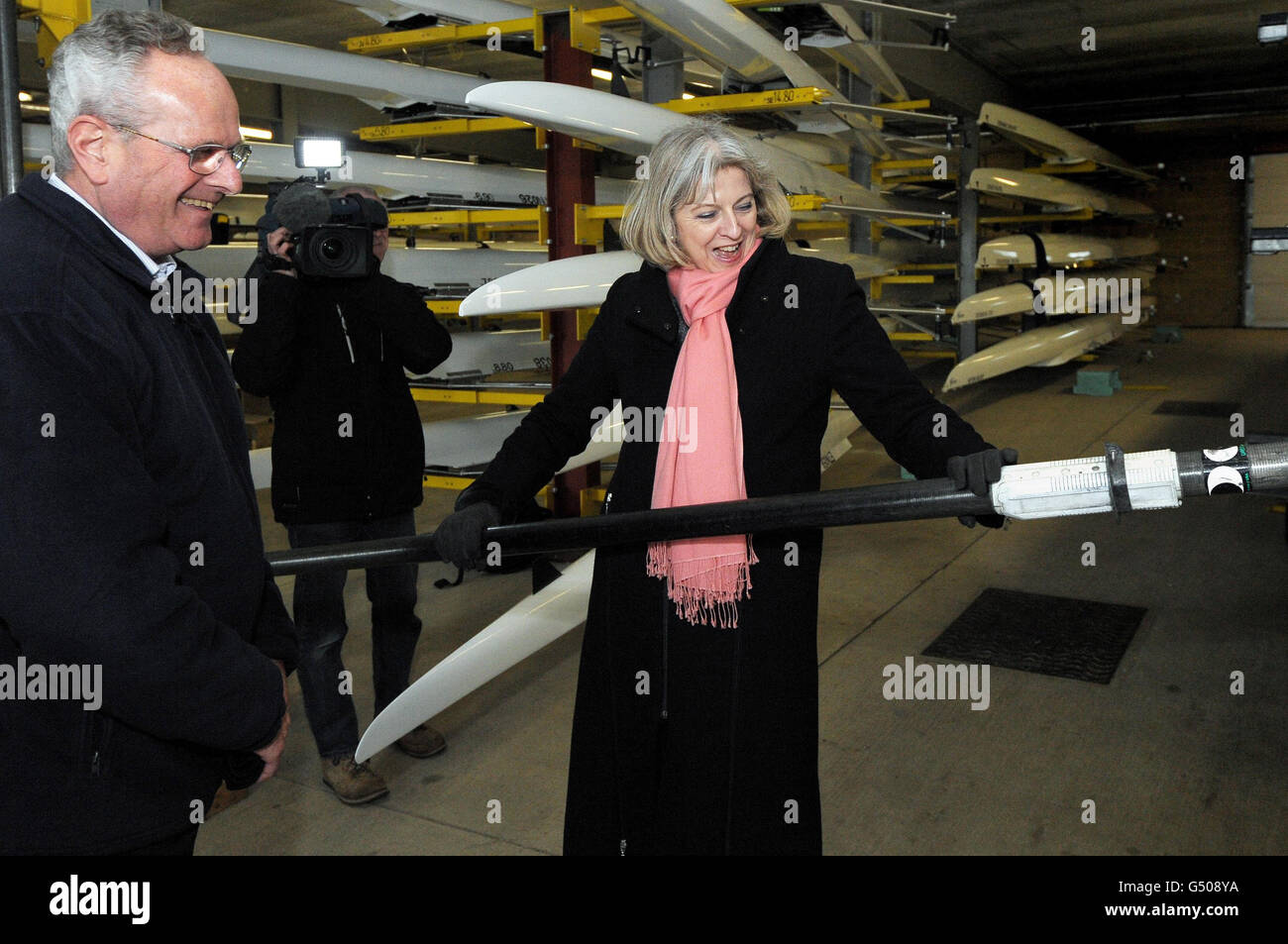 Home Secretary Theresa May is shown rowing equipment in the boathouse ...