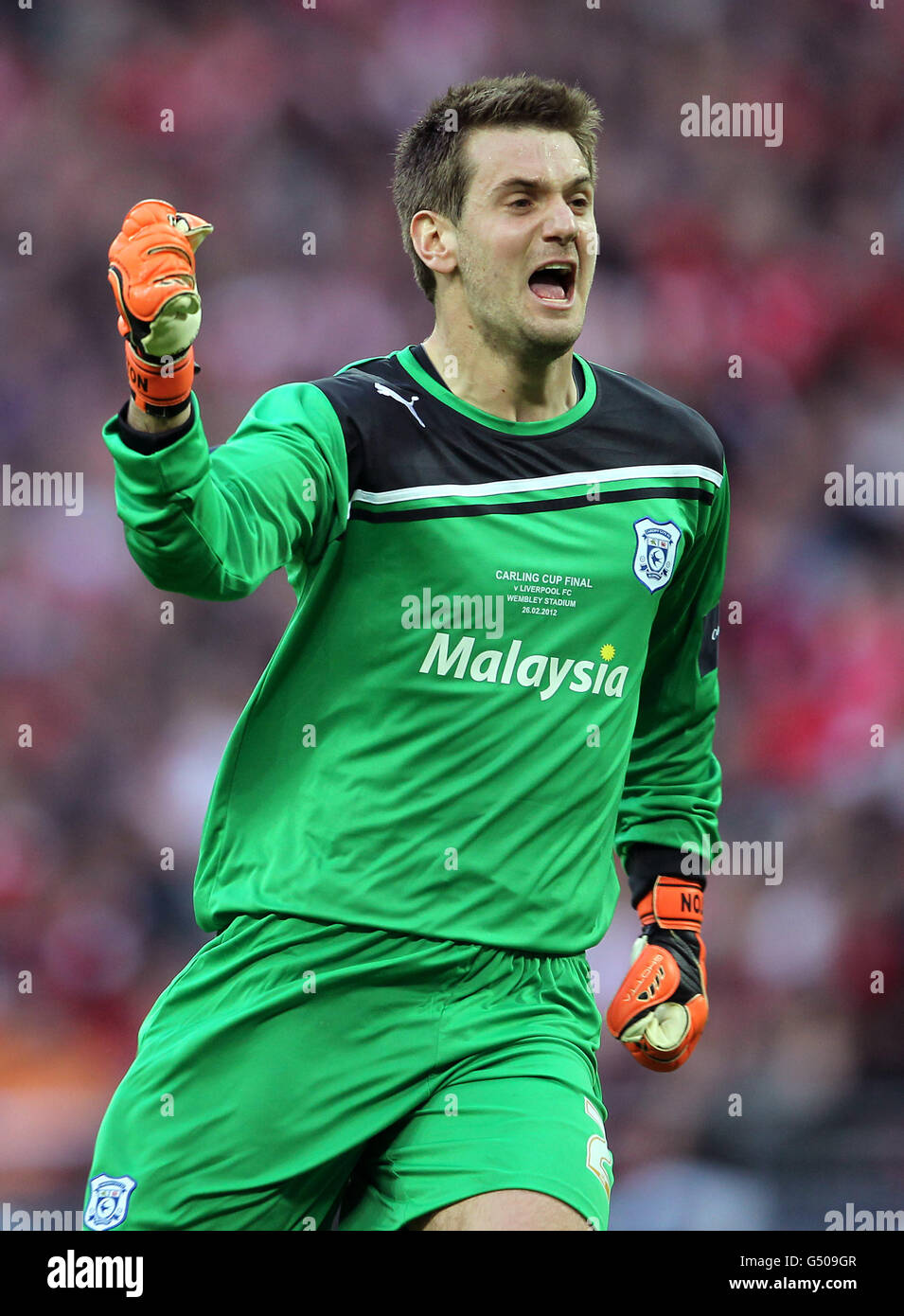 Cardiff City goalkeeper Tom Heaton celebrates their first goal Stock ...