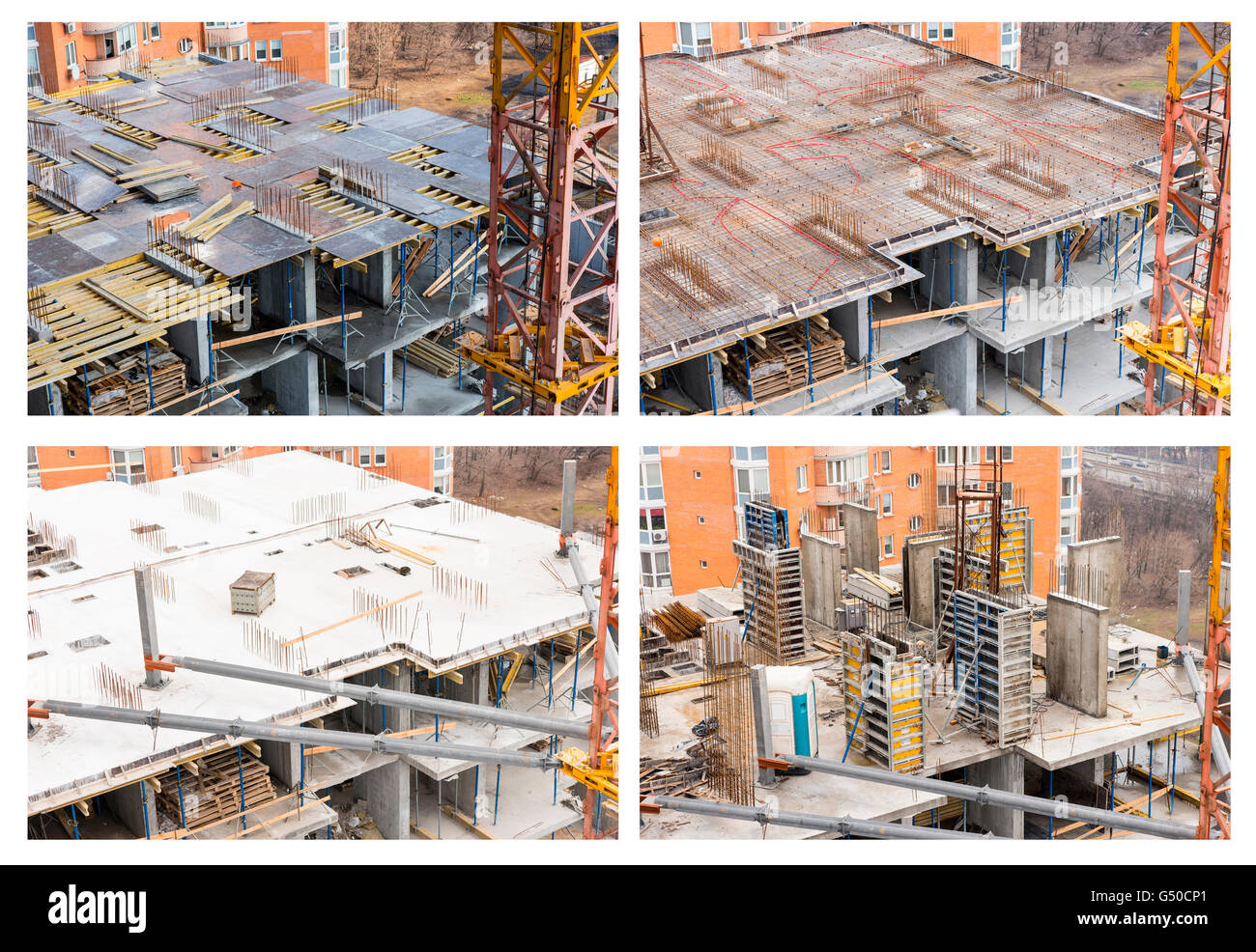 Four separate stages of large concrete building construction in ...