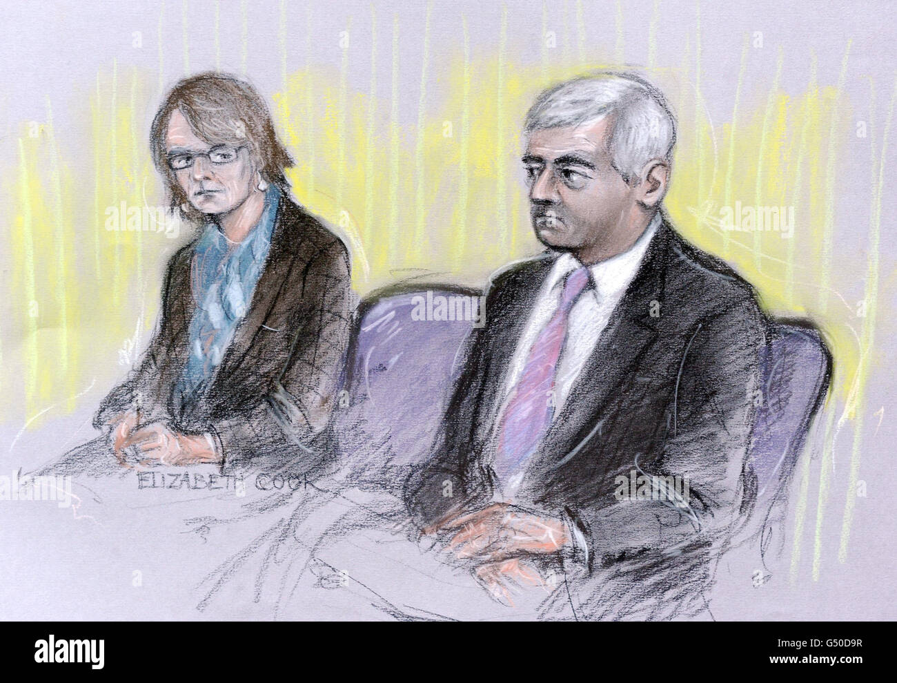 Artist's impression of Vicky Pryce and Chris Huhne in the dock at ...