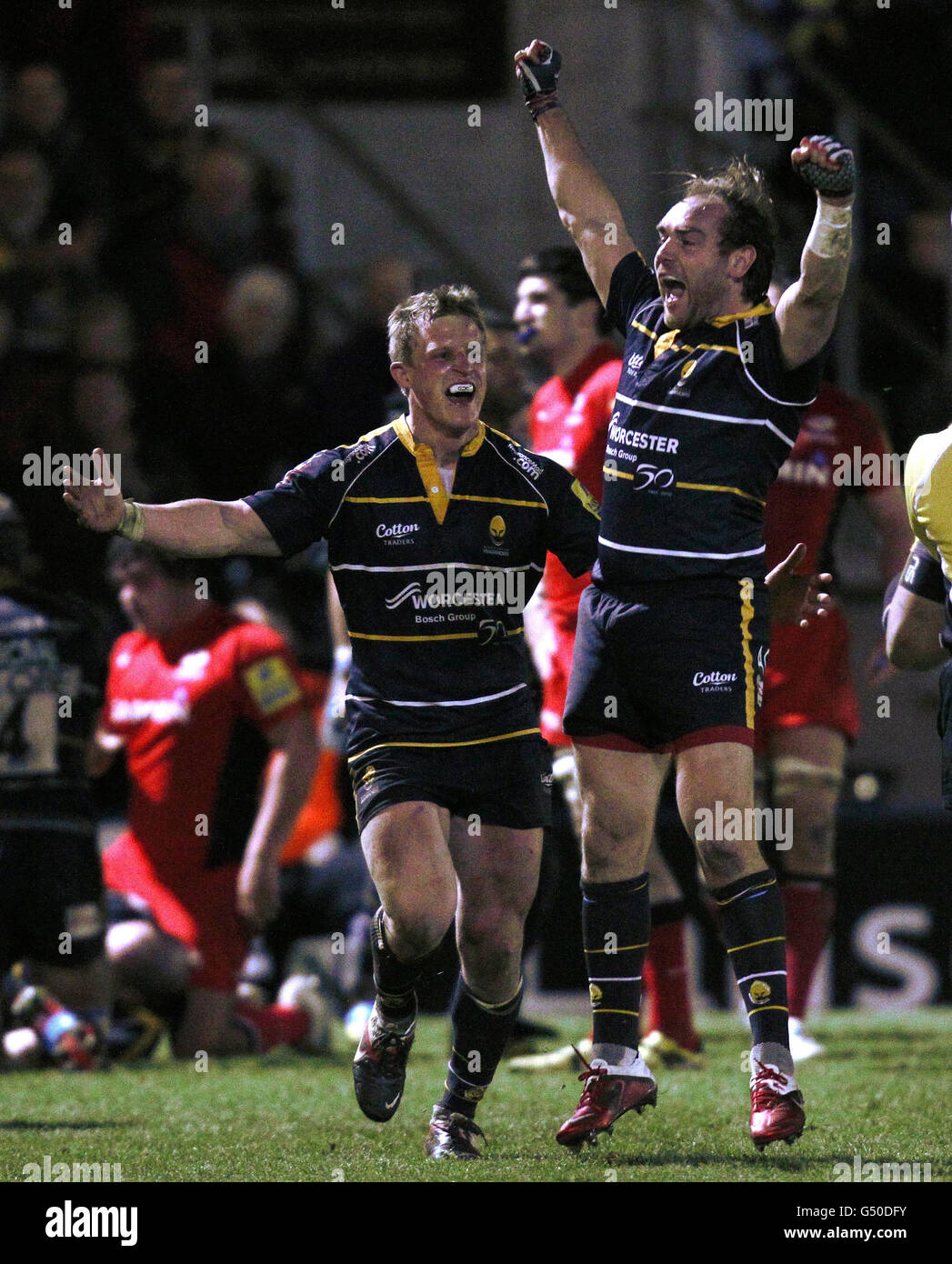 Worcester's Andy Goode (right) and Jake Abbott celebrate after victory ...