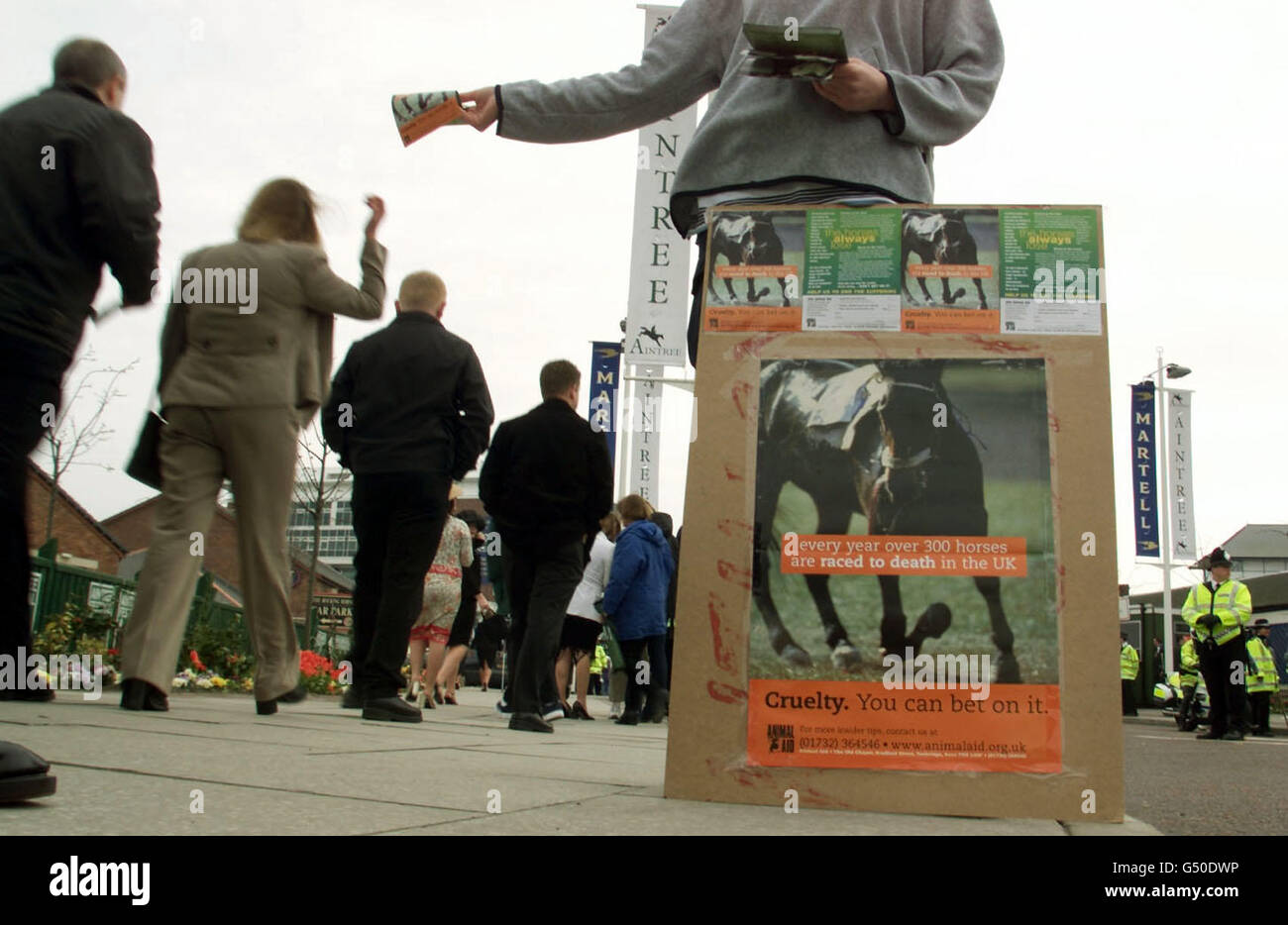 Protesters hand out leaflets on Grand National day, outside Aintree ...