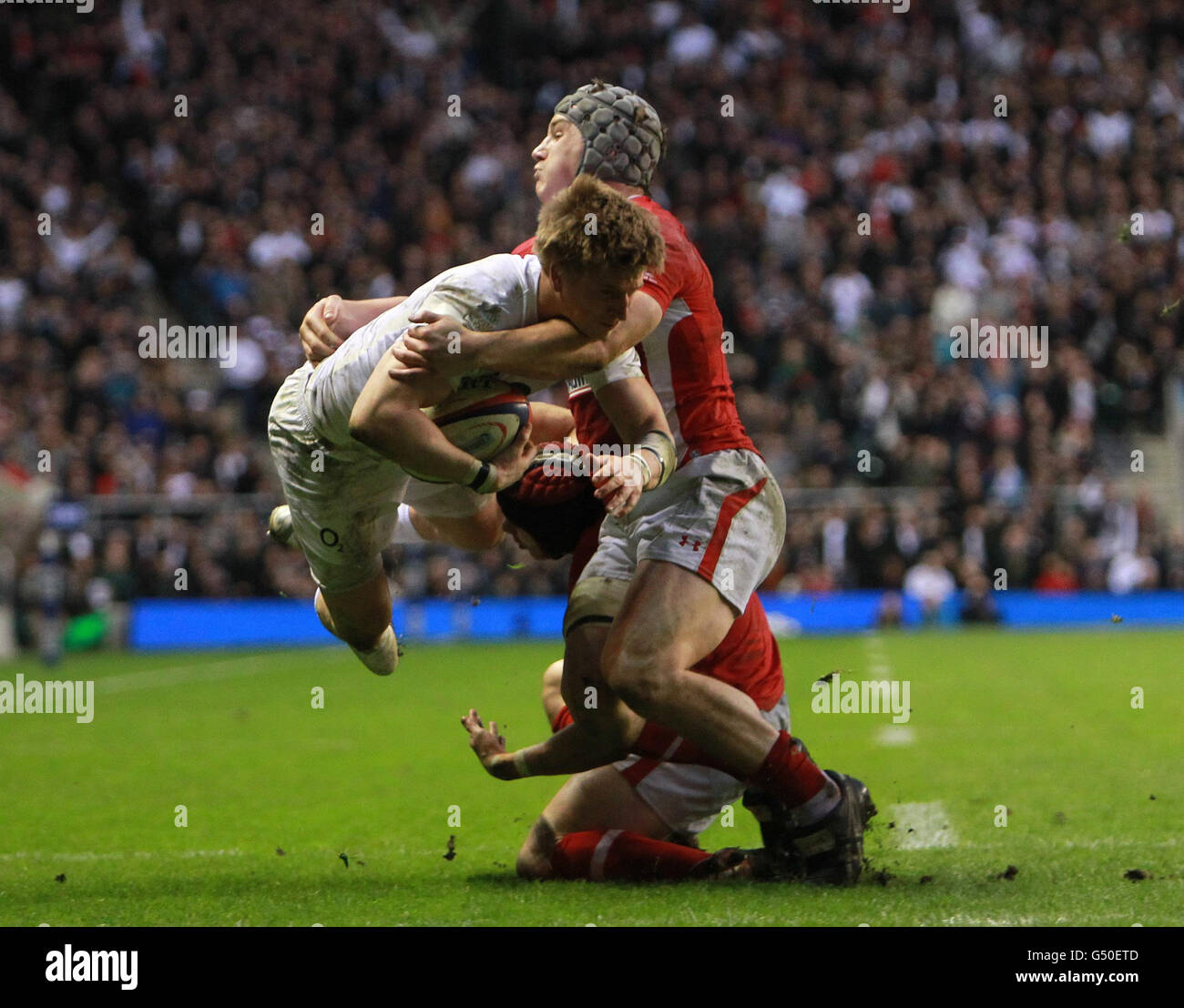 England's David Strettle goes over for a try but it is not given during ...