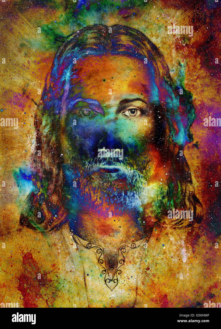 Jesus Christ painting with radiant colorful energy of light, eye ...