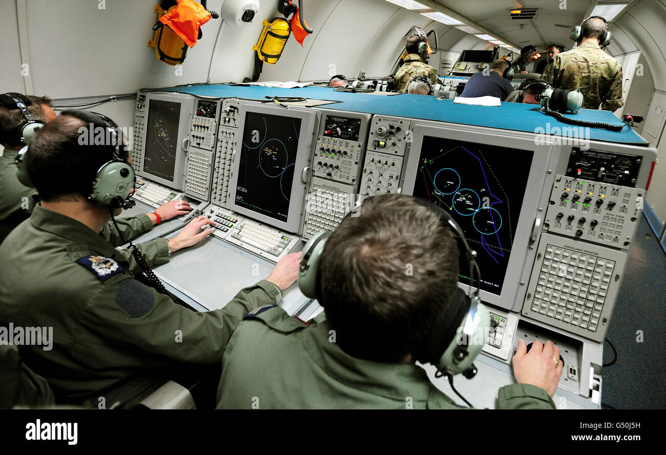 General view of crew during flight of the E-3D Sentry aircraft at RAF ...