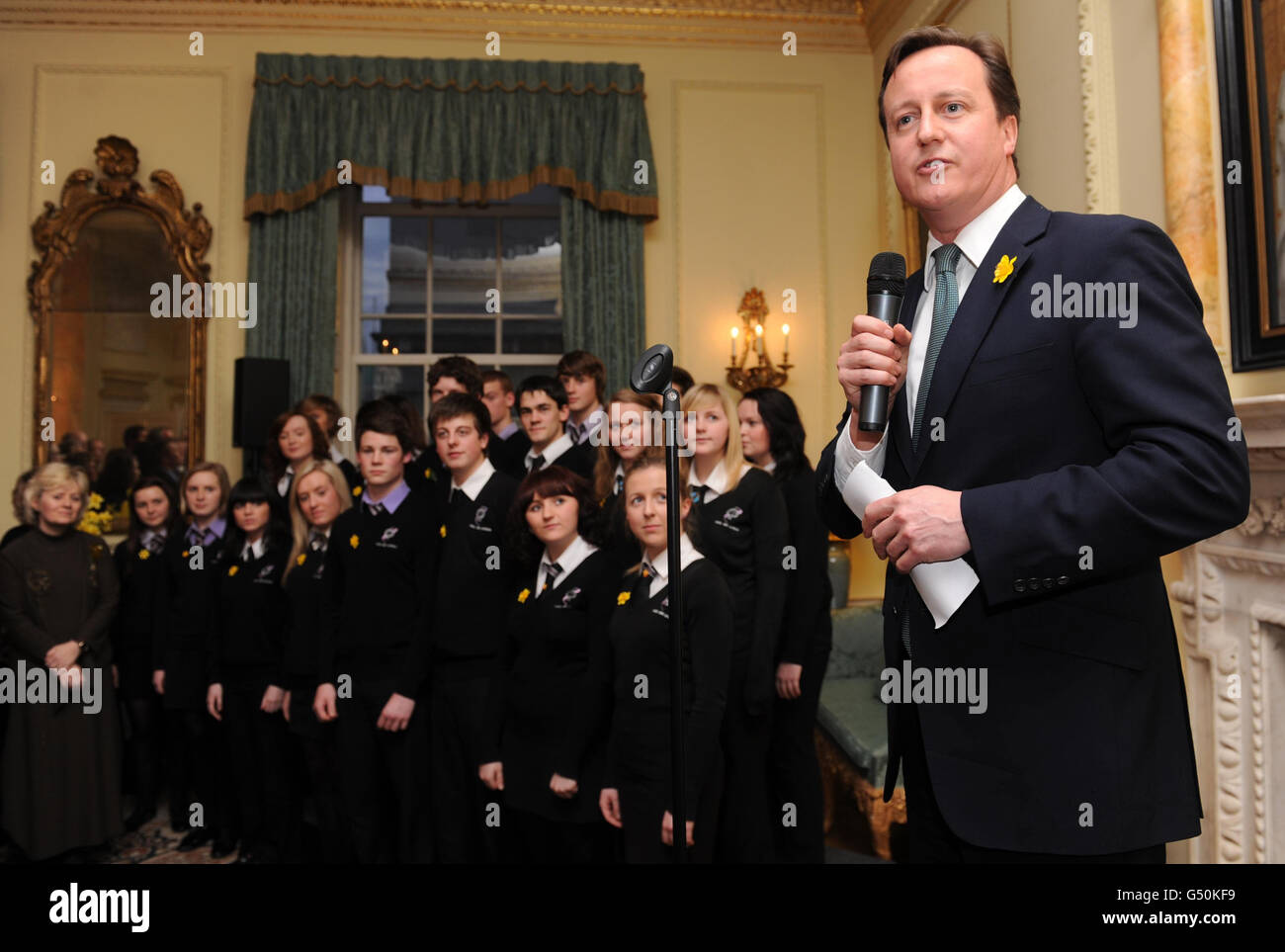 Prime Minister David Cameron speaks at a reception at Downing Street to ...