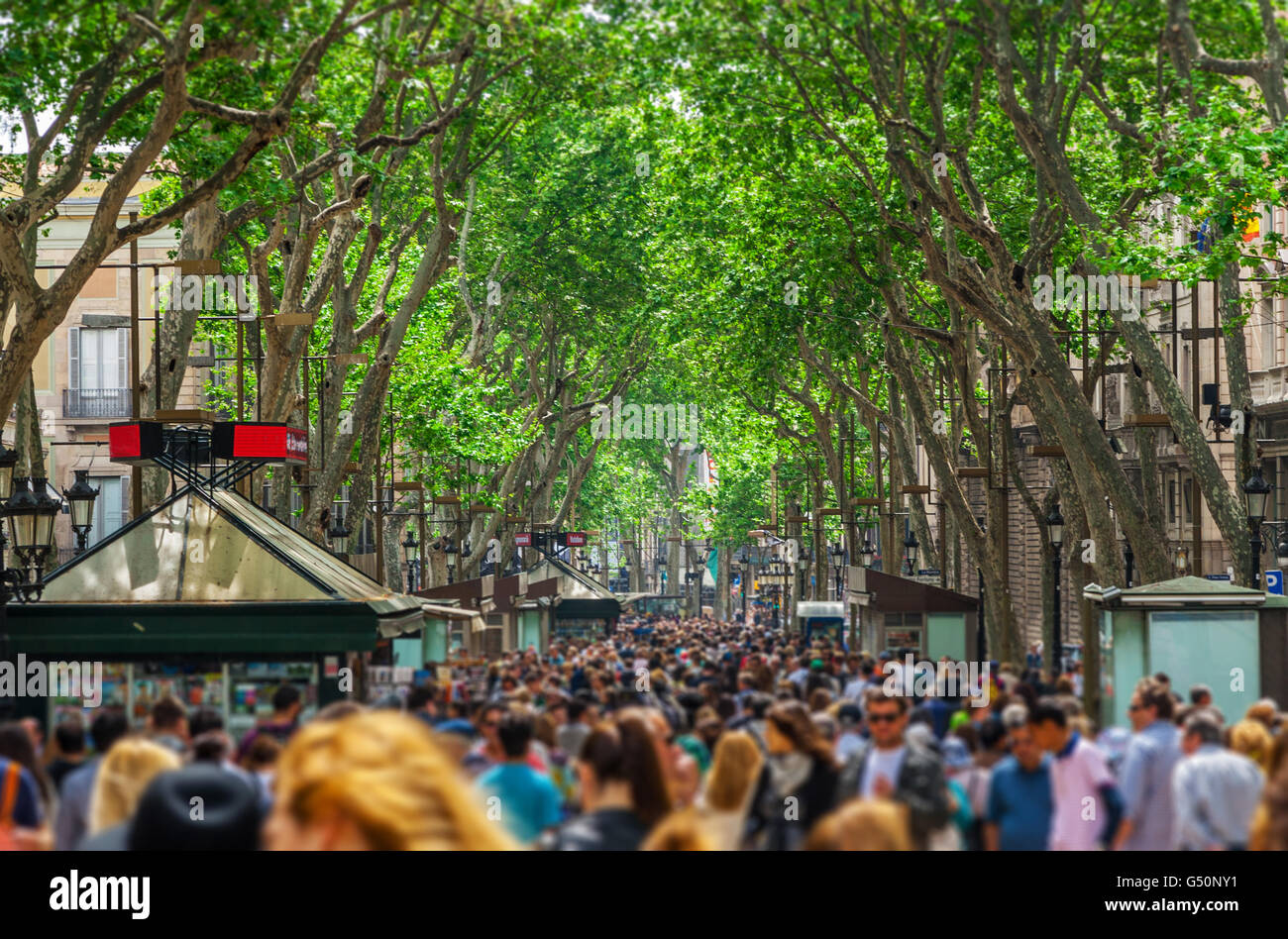 Barcelona, Spain - May 1, 2015: The busy high street of La Rambla in ...