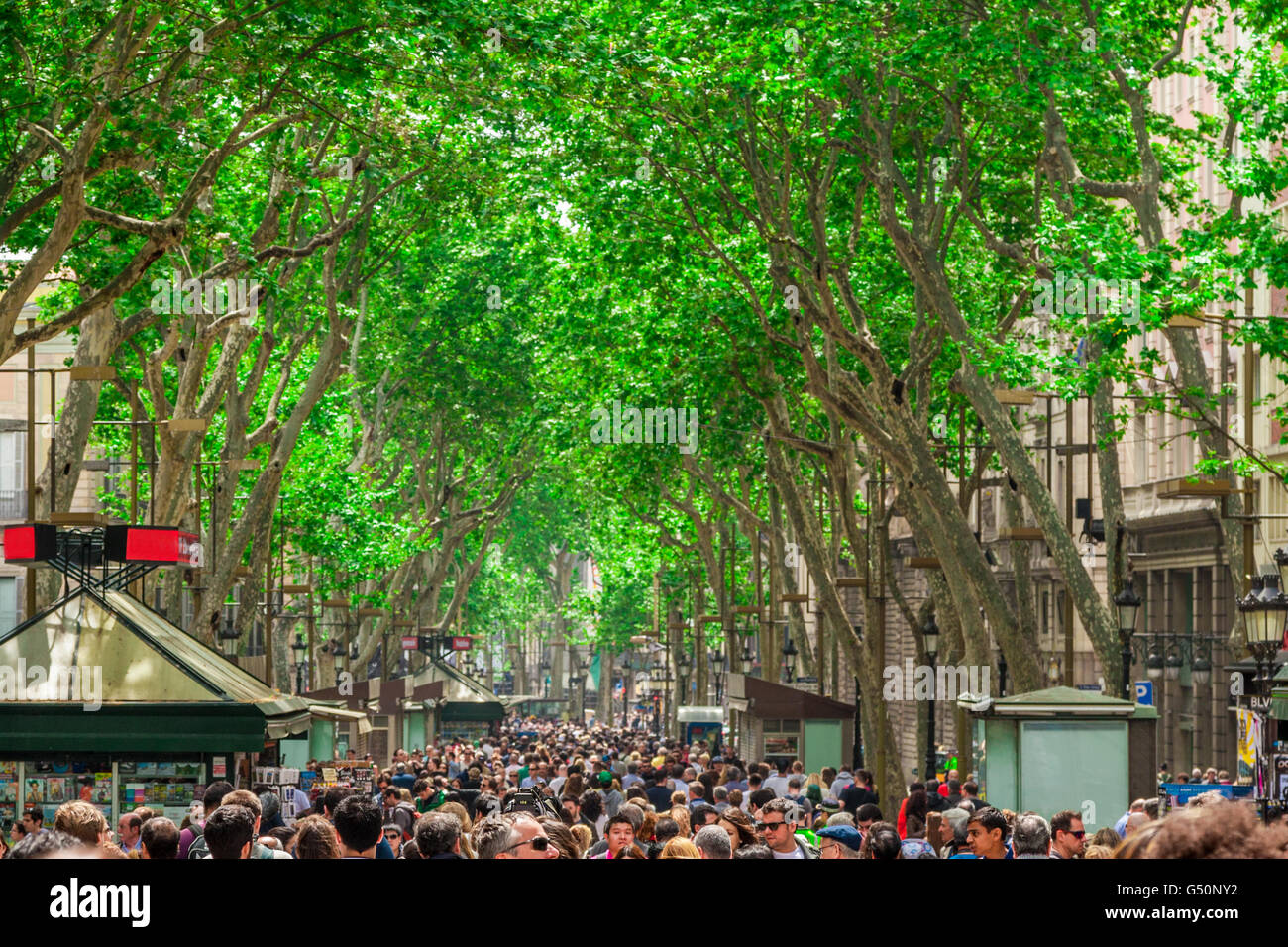 Barcelona, Spain - May 1, 2015: The busy high street of La Rambla in ...