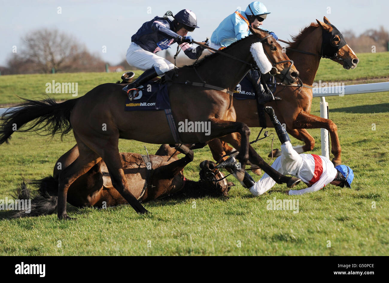Pentiffic and Robert Dunne fall after leading over the final fence ...