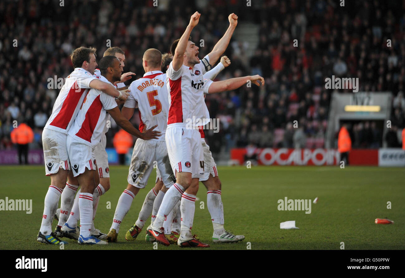 Charlton's captain Johnnie Jackson leads the celebrations after his ...