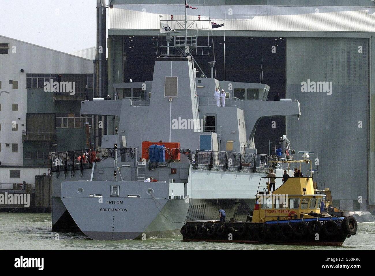 The stern of RV Triton entering the water after its launch from the ...