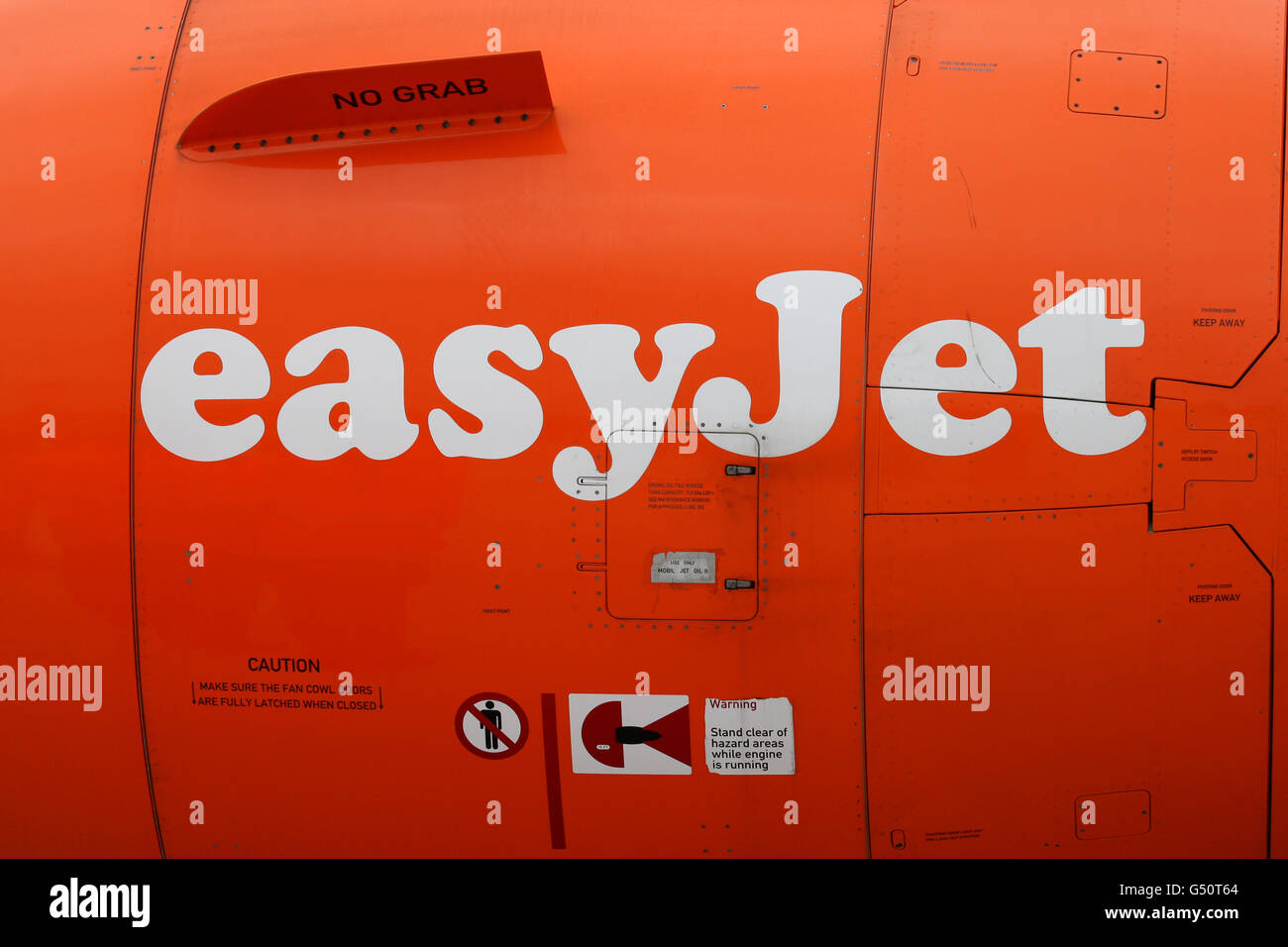 Signage on the engine of an easyJet passenger plane at London Southend ...