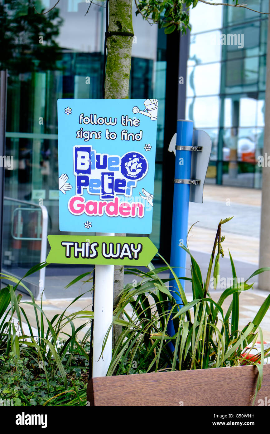 Sign saying "Follow the signs to the Blue Peter Garden", MediaCityUK ...