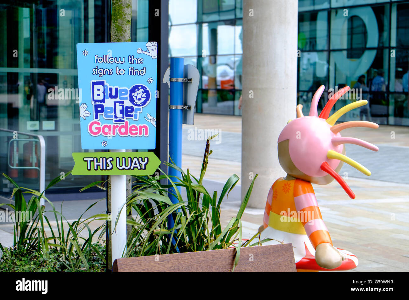 Sign saying "Follow the signs to the Blue Peter Garden", MediaCityUK ...