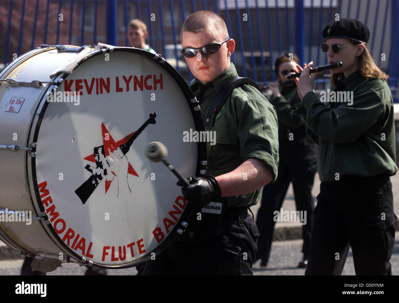 A Republican band on the march on the Falls road in Belfast, Sinn Fein ...