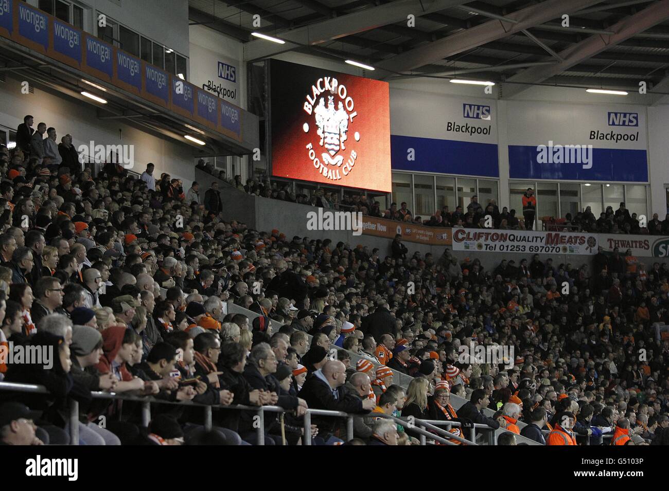 A general view of a packed stand at Bloomfield Road during the game ...