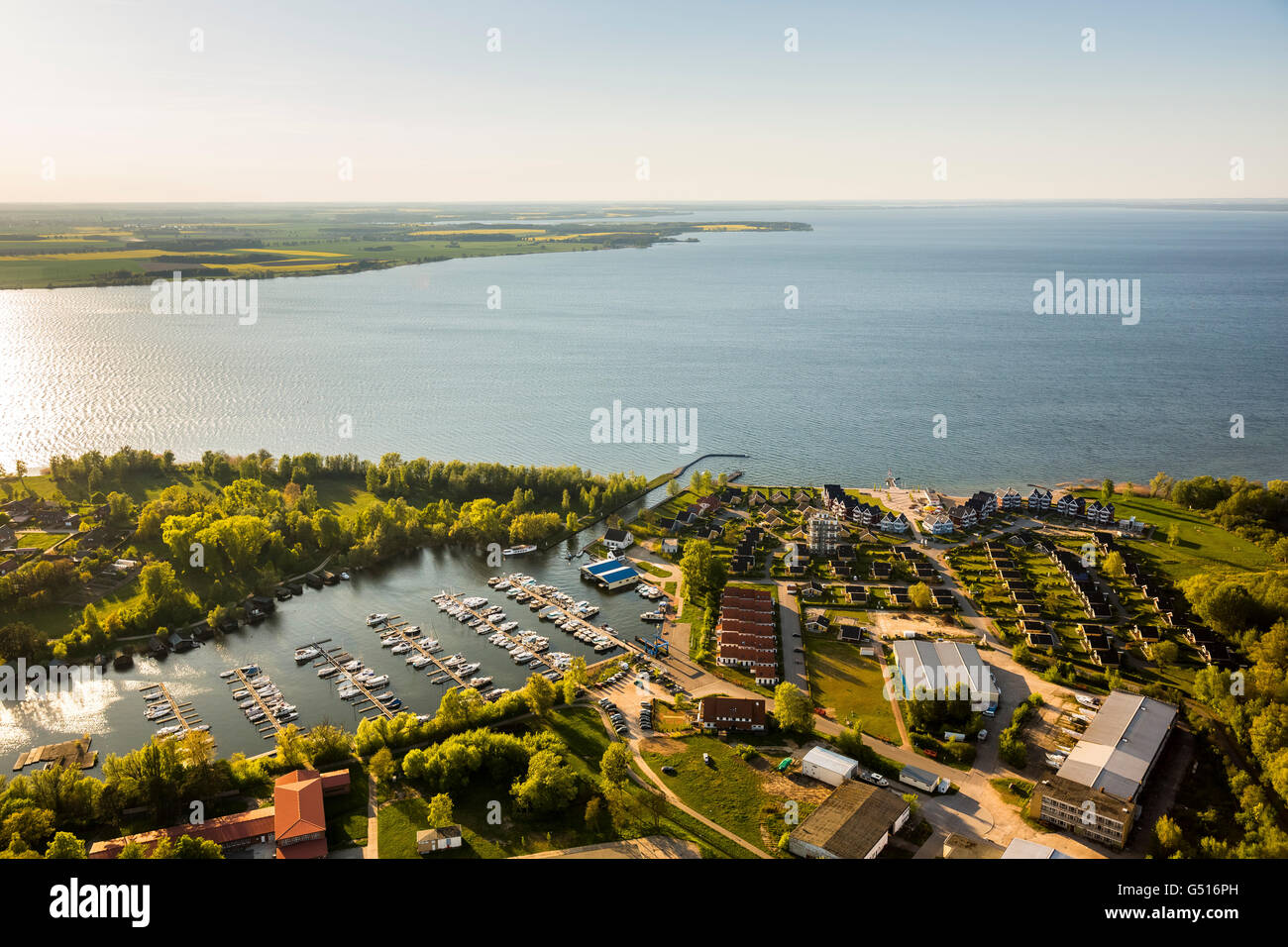 Aerial view, Rechlin with Marina and Claassee and Müritz, lake, Rechlin ...