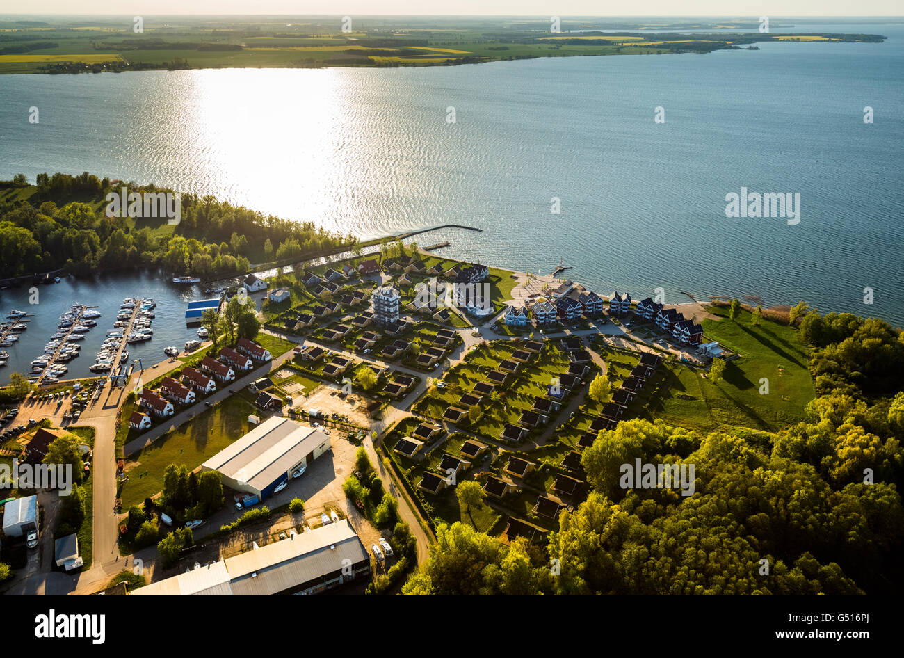 Aerial view, Rechlin with Marina and Claassee and Müritz, lake, Rechlin ...