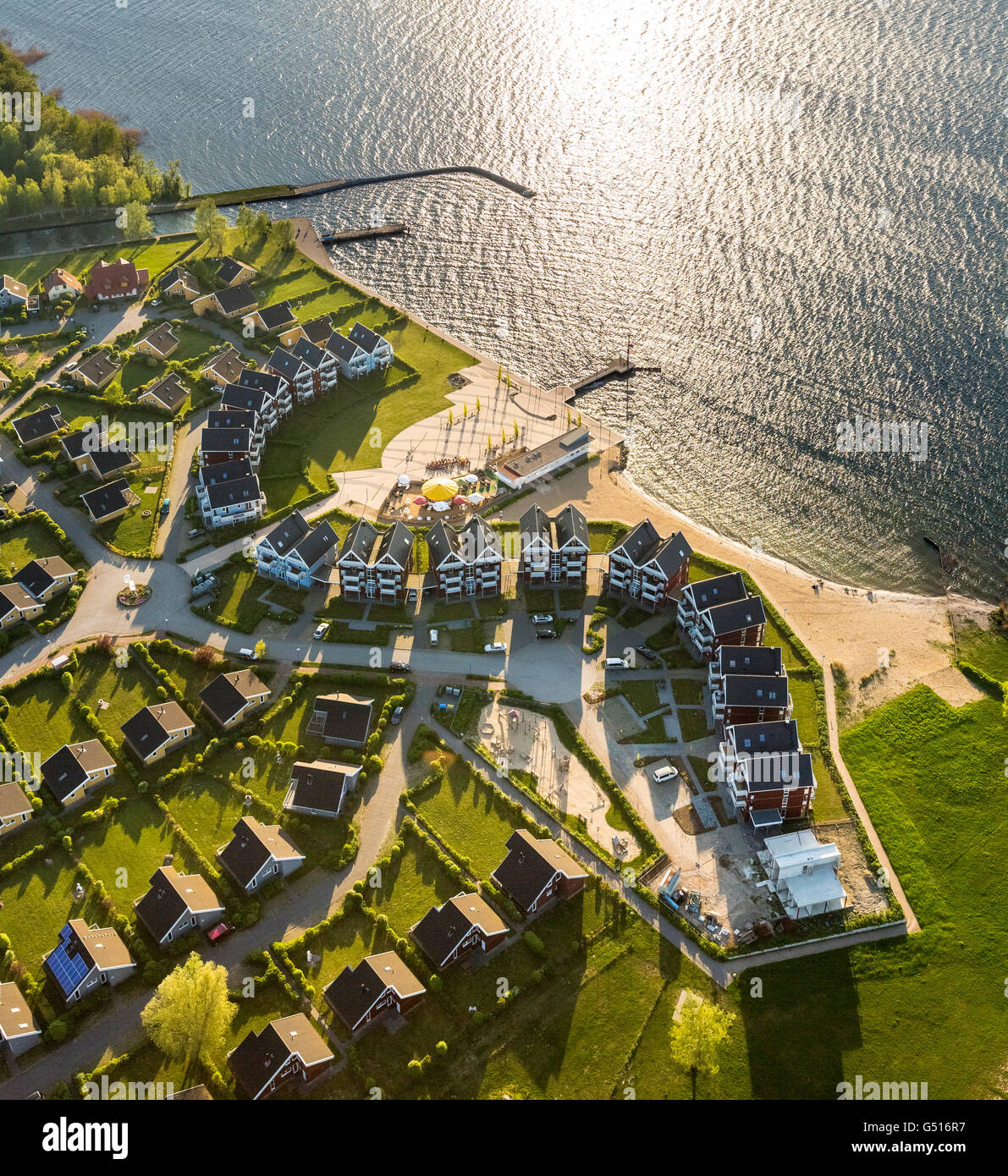 Aerial view, Rechlin with Marina and Claassee and Müritz, lake, Rechlin ...