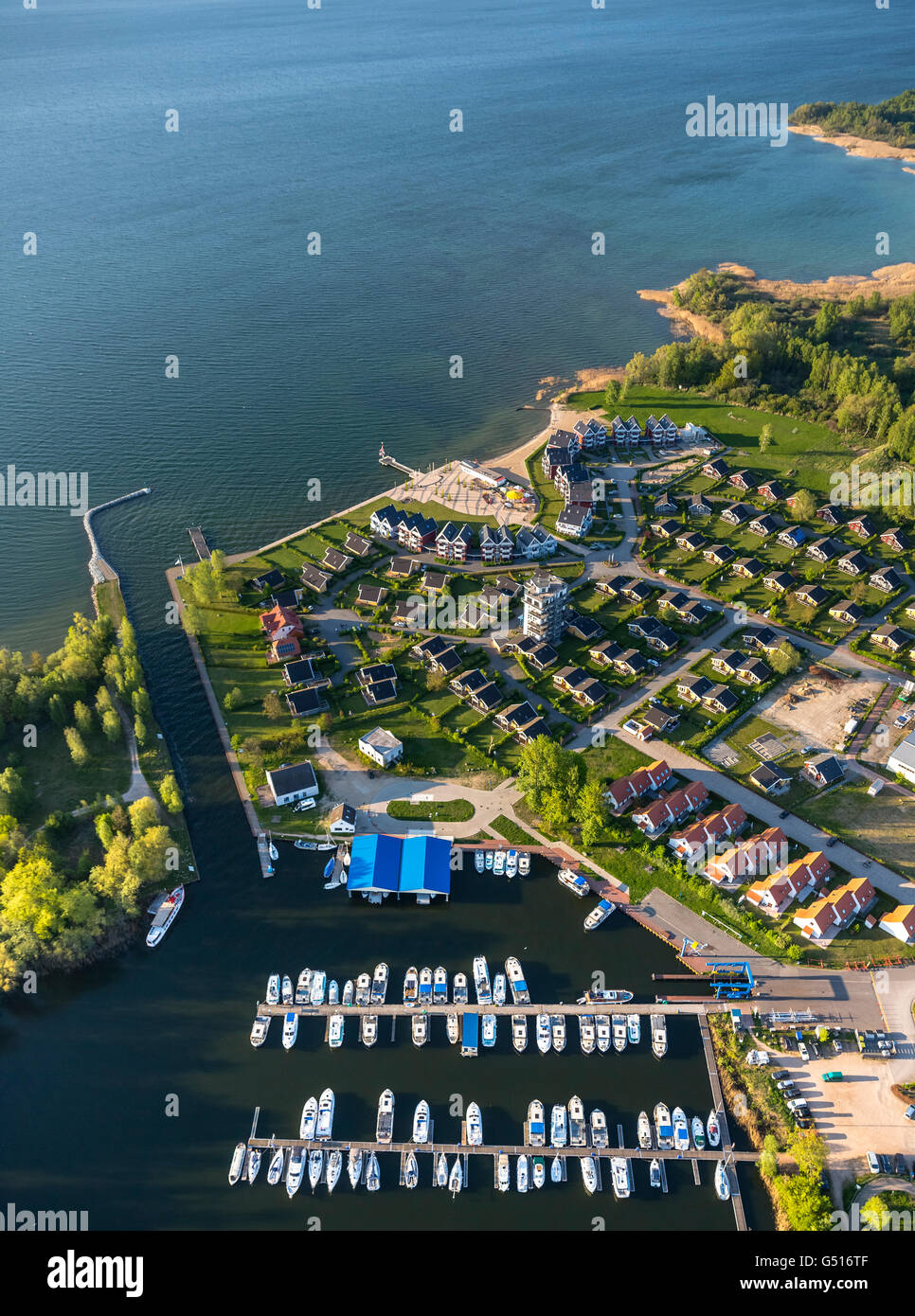 Aerial view, Rechlin with Marina and Claassee and Müritz, lake, Rechlin ...