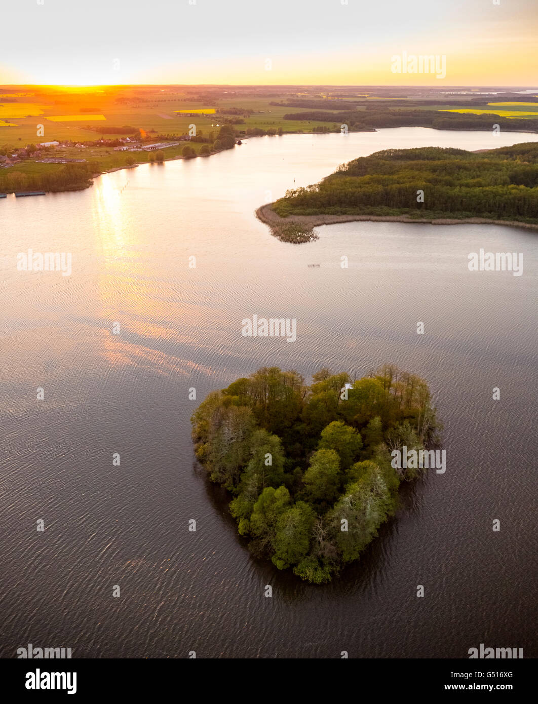 Aerial view, Muritz with heart-shaped island and residential boat and ...