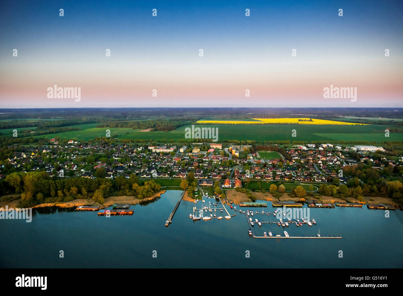 Aerial view, Rechlin seen from Kleine Müritz, Rechlin, Mecklenburg Lake ...
