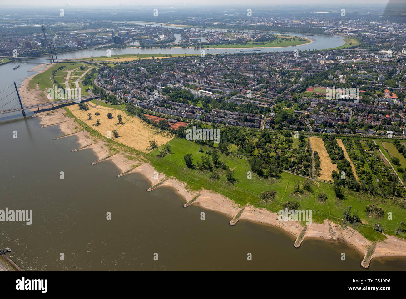 Aerial view, storm damage uprooted trees between Oberkassel bridge and ...