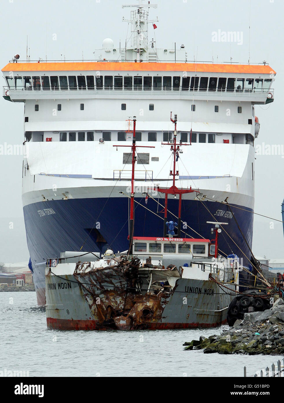 The badly damaged cargo ship Union Moon, moored in Belfast, after it ...
