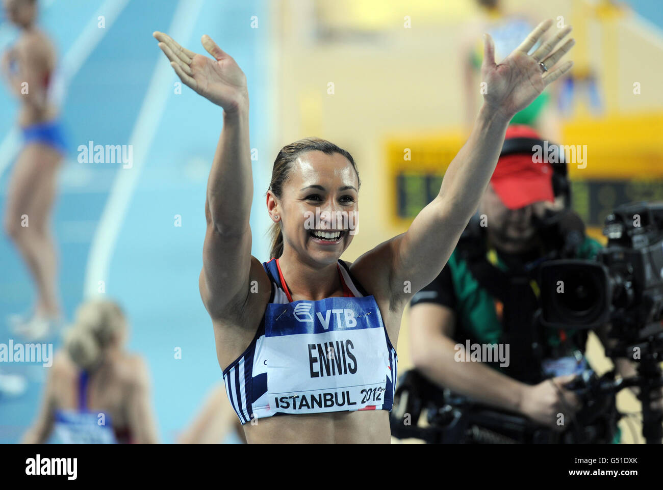 Great Britain's Jessica Ennis celebrates before her victory is reversed ...