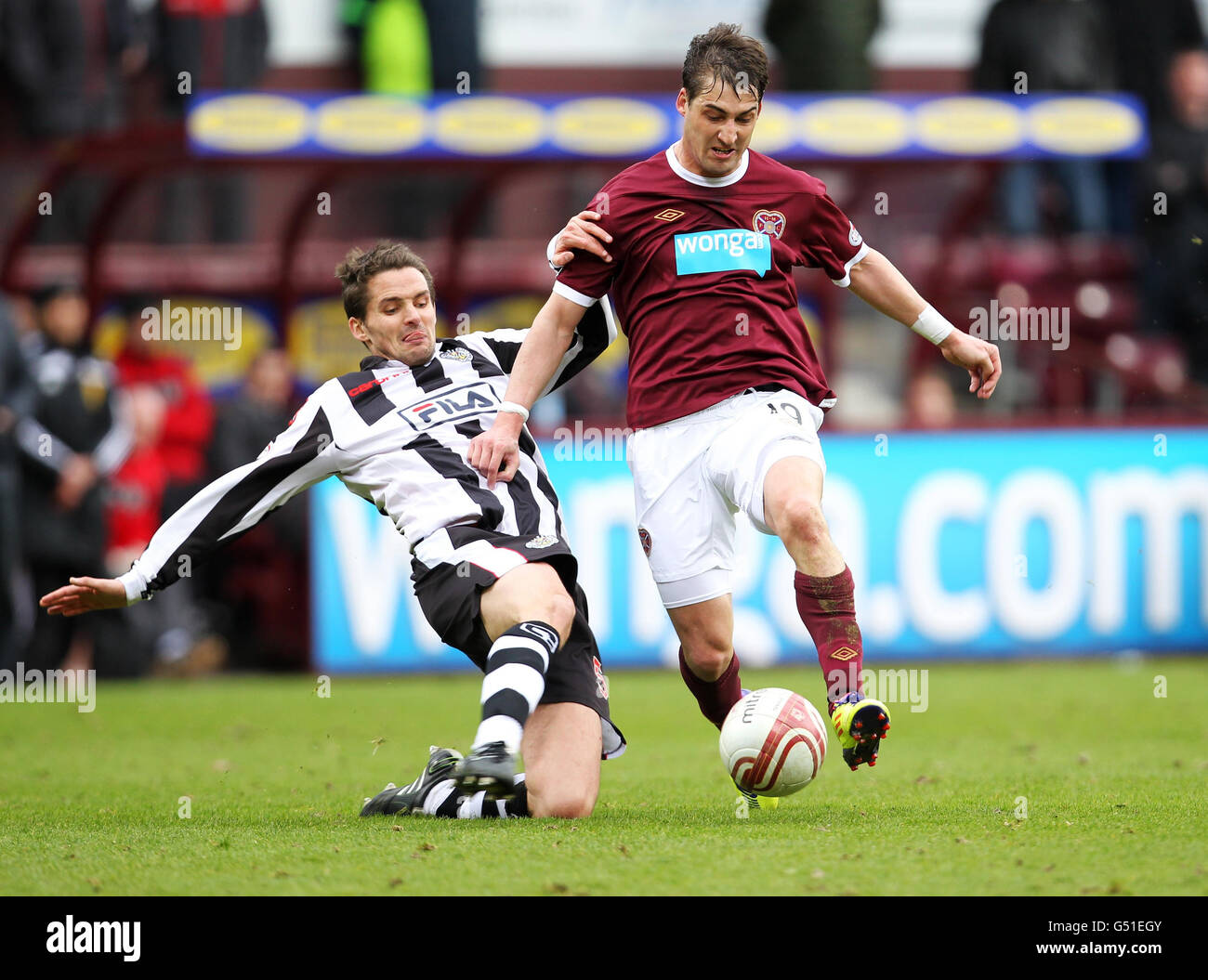 St Mirren's Lee Mair and Heart's Rudi Skacel in action during the ...