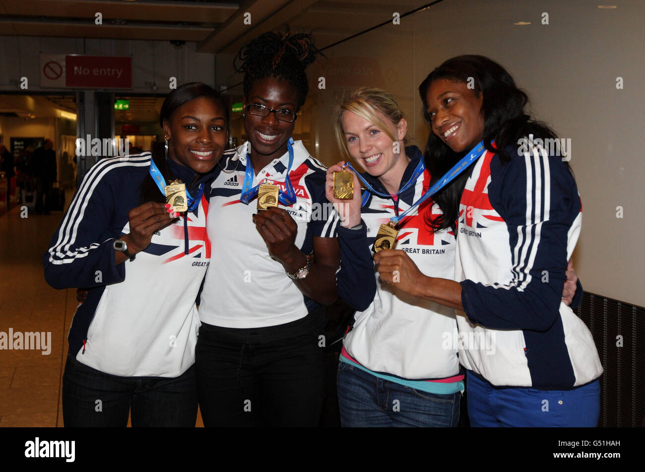 Nicola sanders shana cox arrive back heathrow airport hi-res stock ...