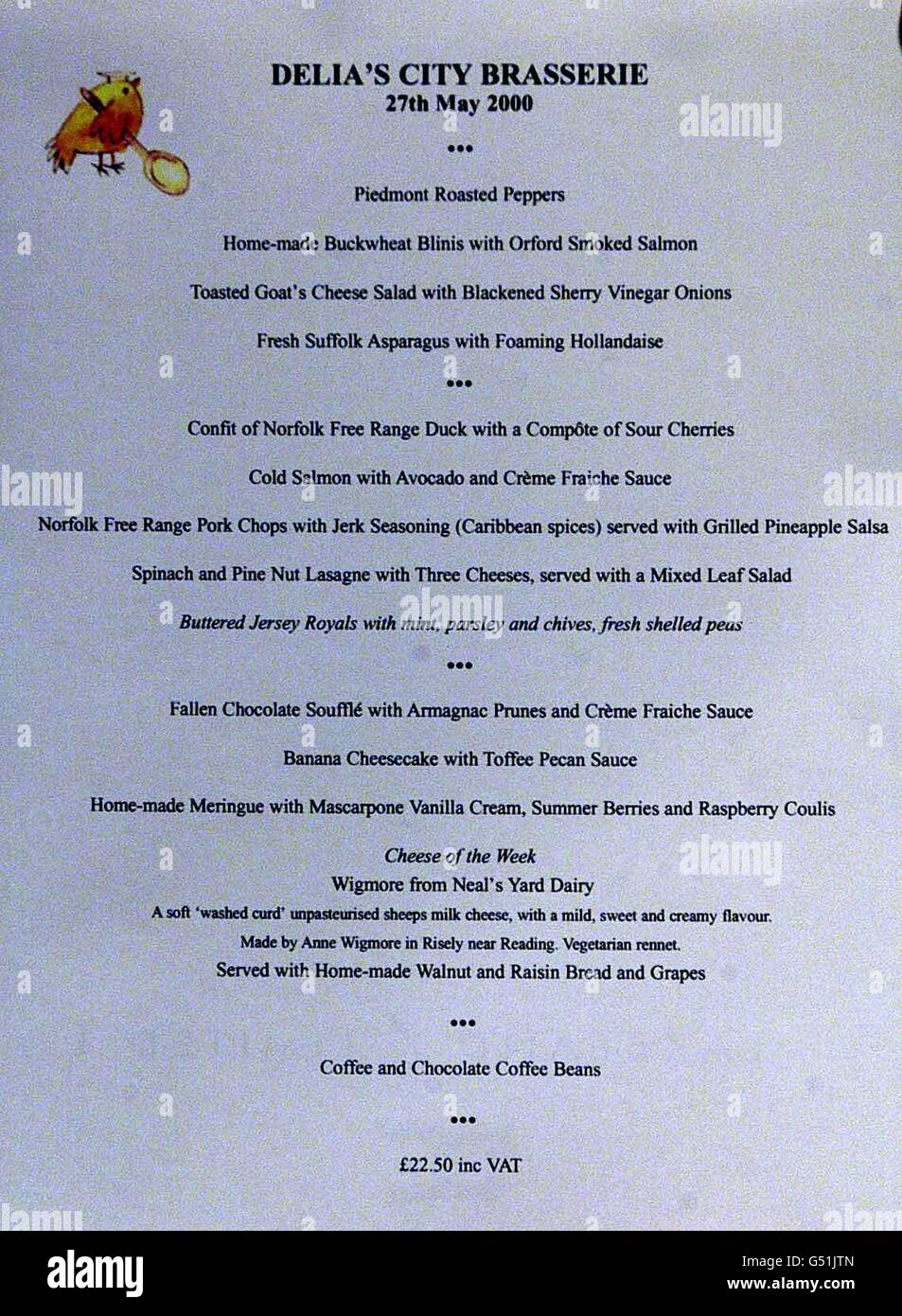 The menu for the opening night at Delia Smith's new restaurant. The ...