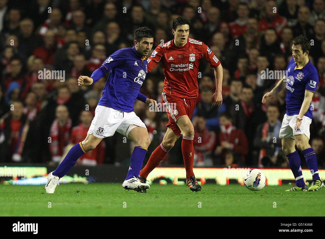 Liverpool's Martin Kelly (centre) and Everton's Denis Stracqualursi ...
