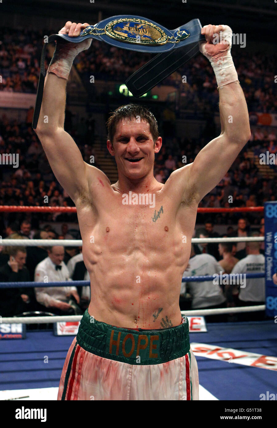 Kerry Hope celebrates winning the European Middleweight Championship at ...