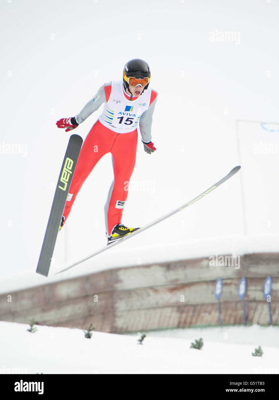 A nordic ski jumper in mid air during the FIS Cup of ski jumping at the ...