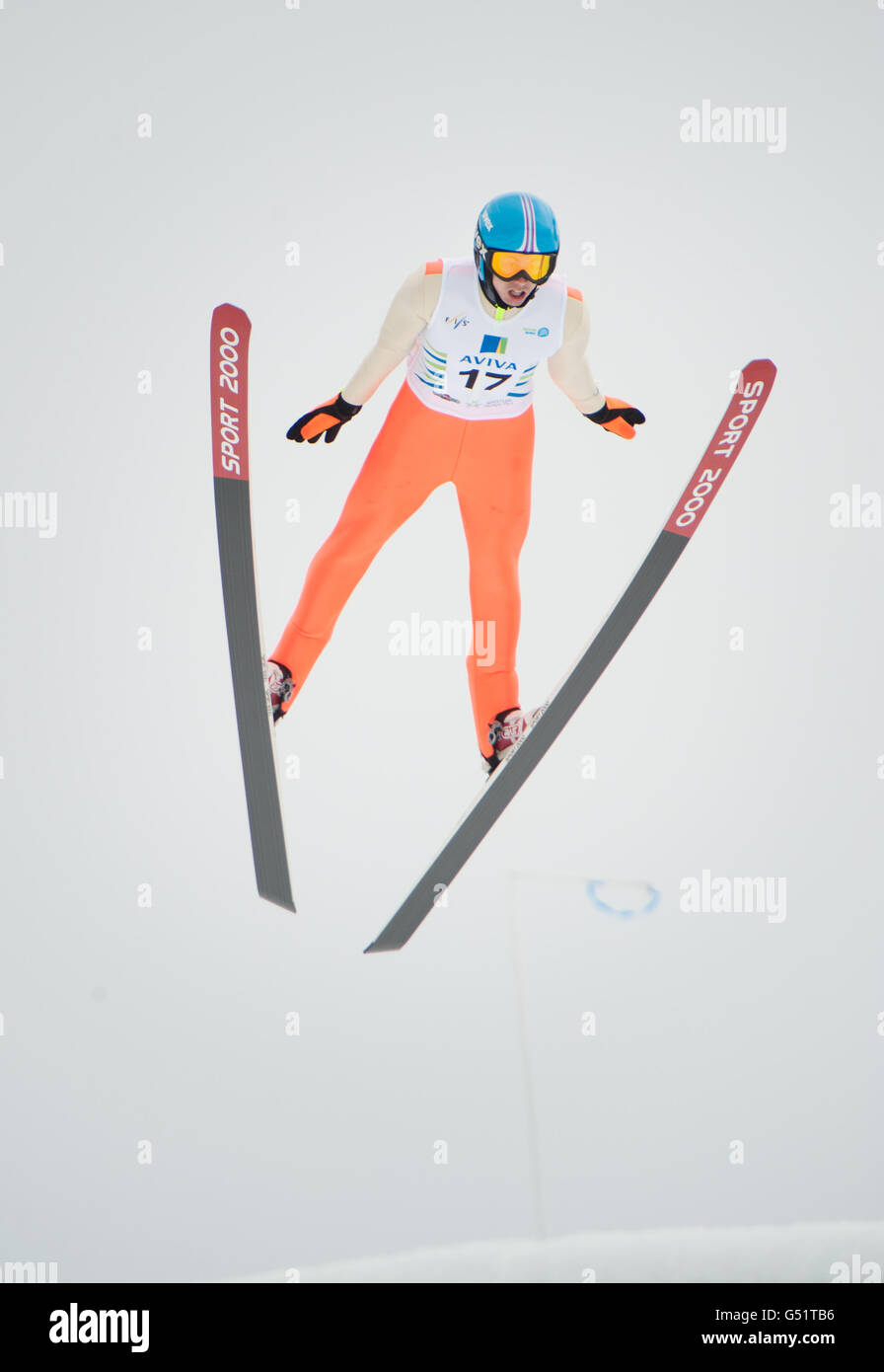 A nordic ski jumper in mid air during the FIS Cup of ski jumping at the ...