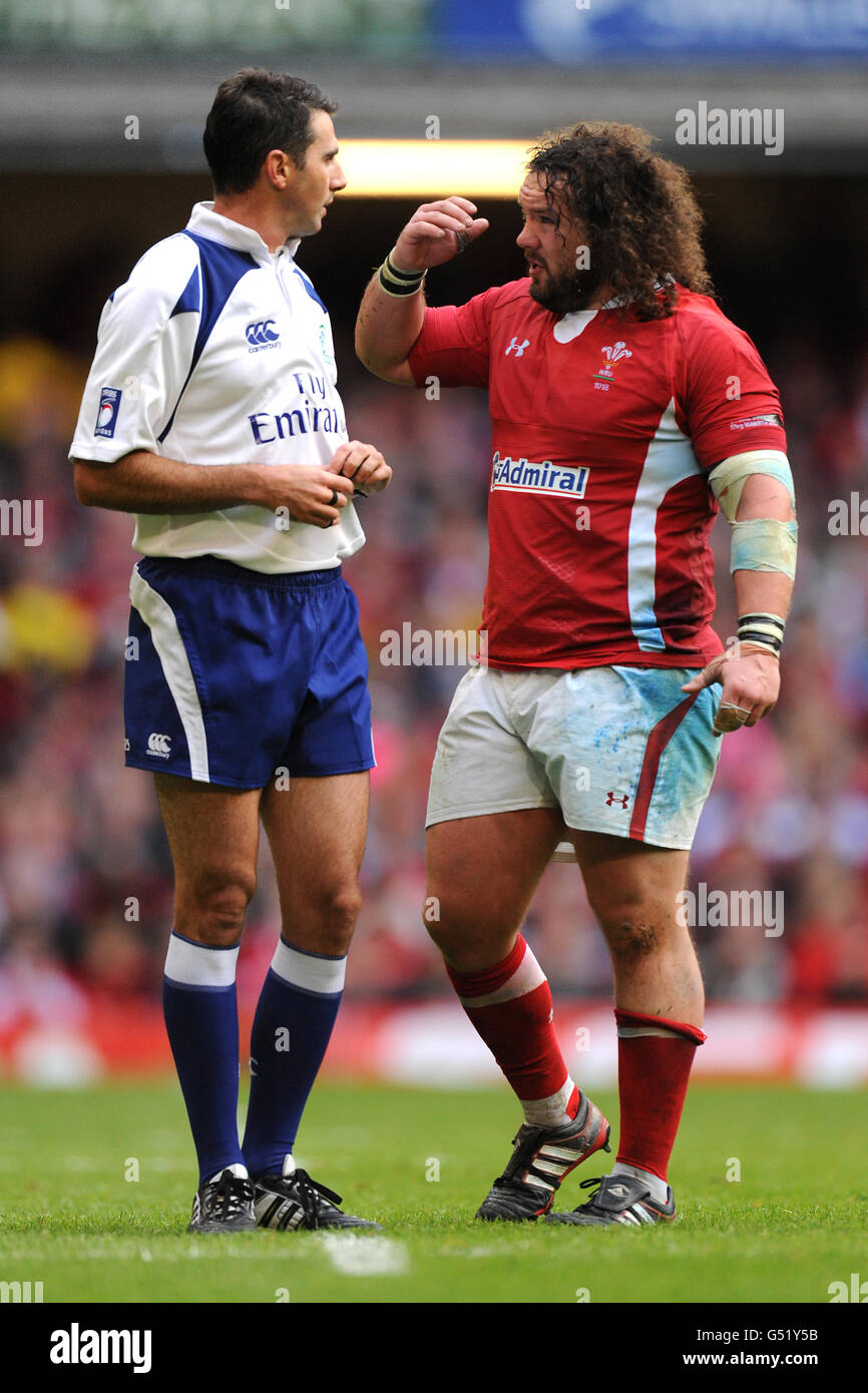 Wales's Adam Jones (right) chats with referee Craig Joubert Stock Photo ...