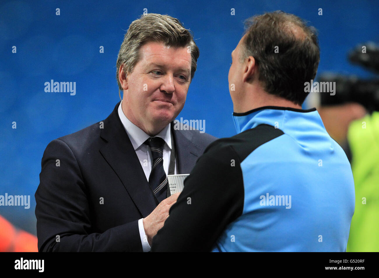 Manchester City first team coach David Platt (right) chats with Sky's ...
