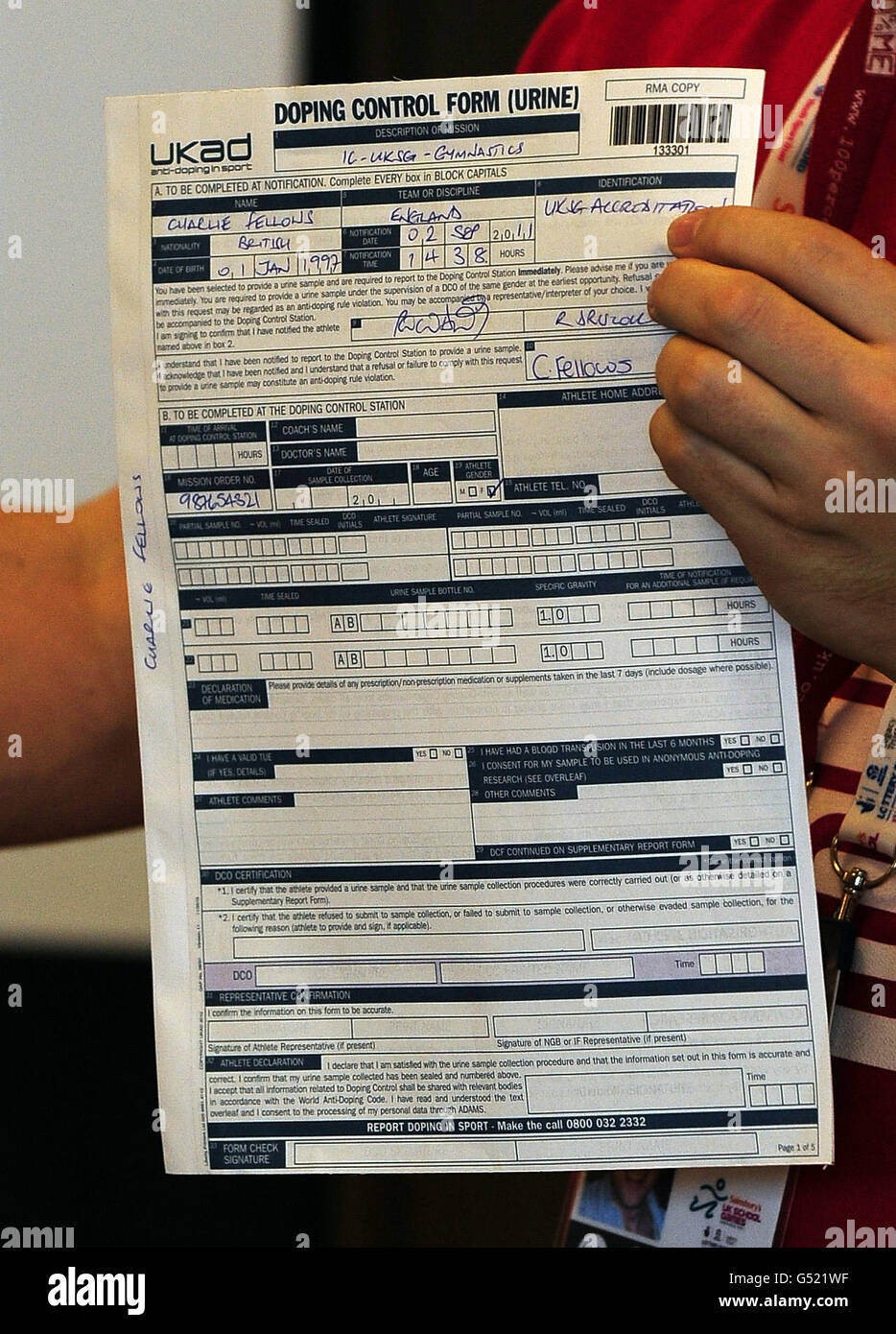 Part of the doping control form that is completed before the sample is ...