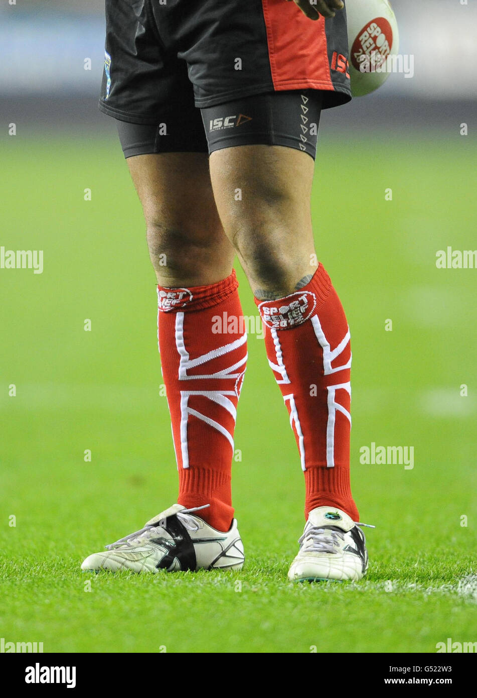 A view of the socks wore by Wigan Warriors and Warrington Wolves ...